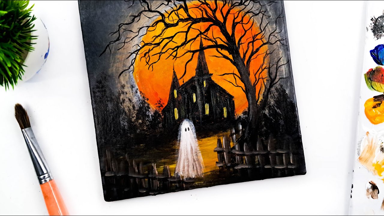 Ghost in bloody moon night / how to paint a Ghost acrylic / Halloween ...