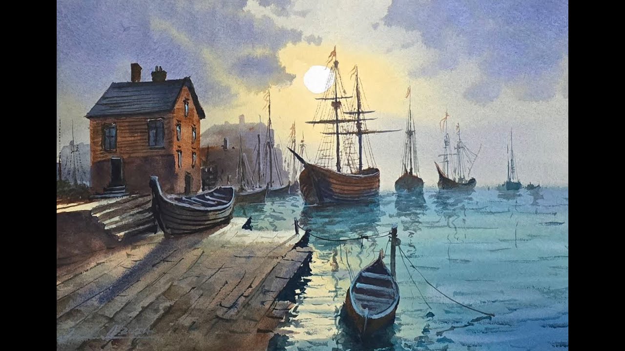 How to Paint Harbor Scene in Watercolor - YouTube