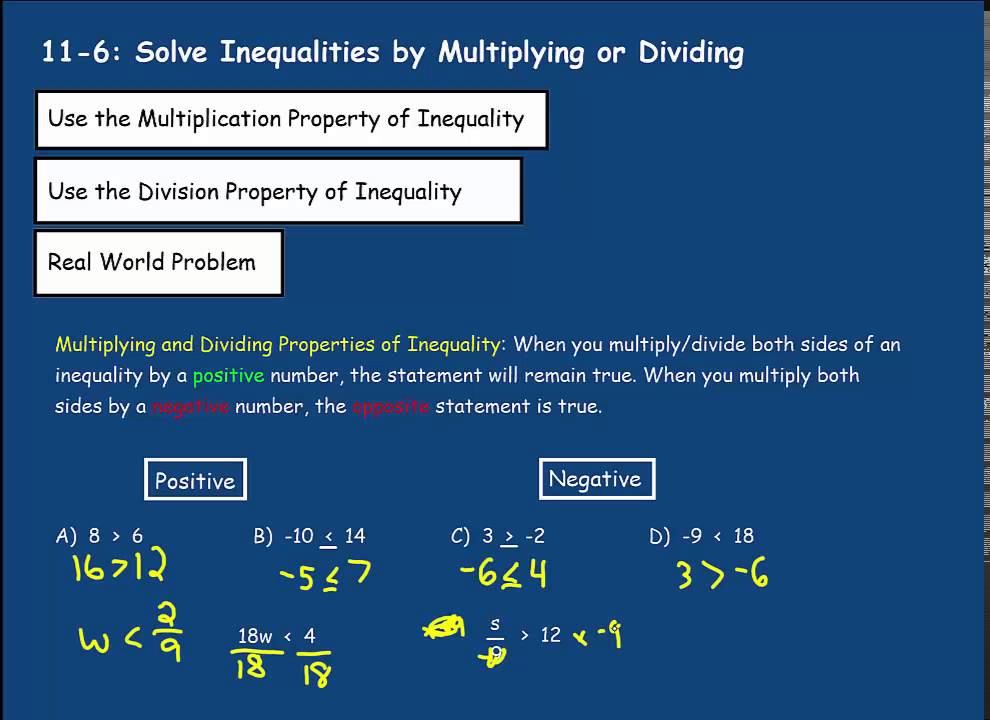 Math 7: 11-6: Solve Inequalities by Multiplying or Dividing - YouTube