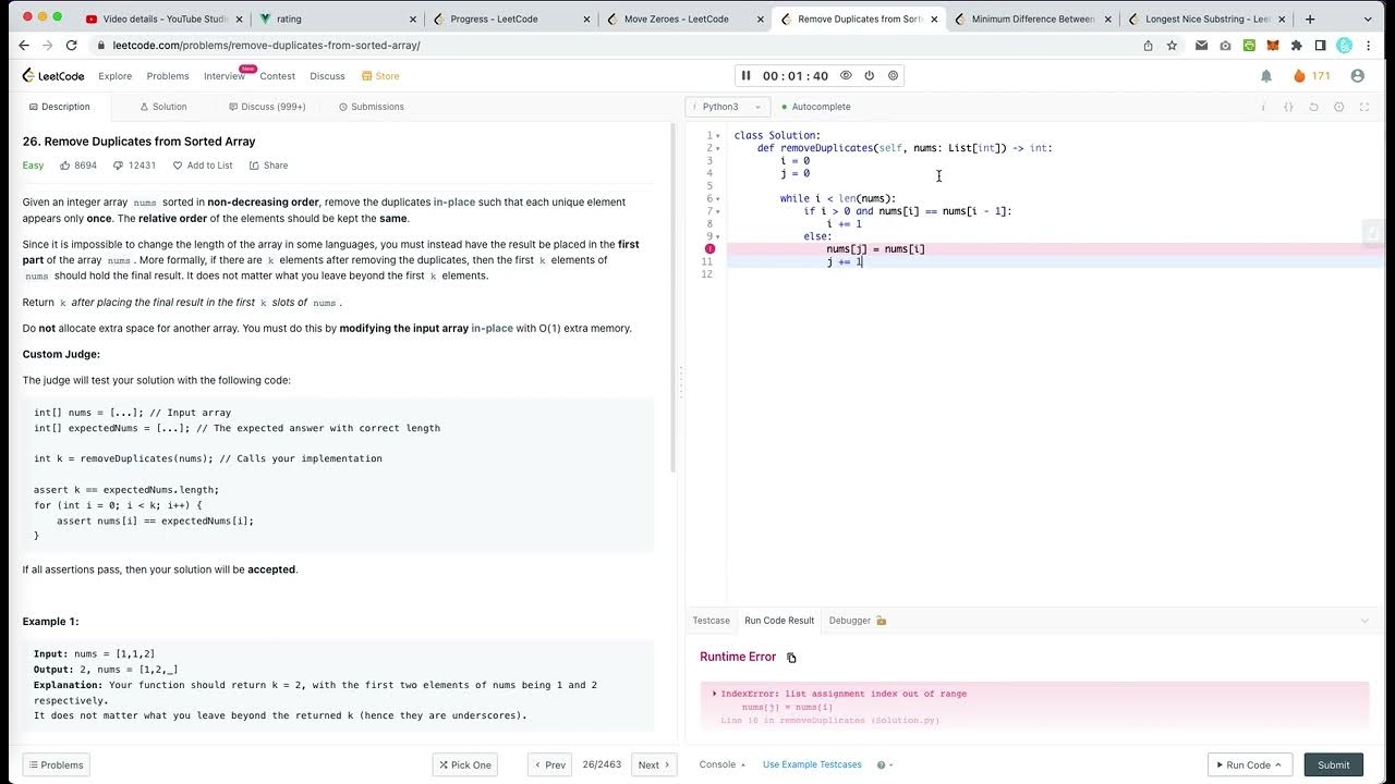Solving Leetcode 26 Remove Duplicates From Sorted Array Youtube