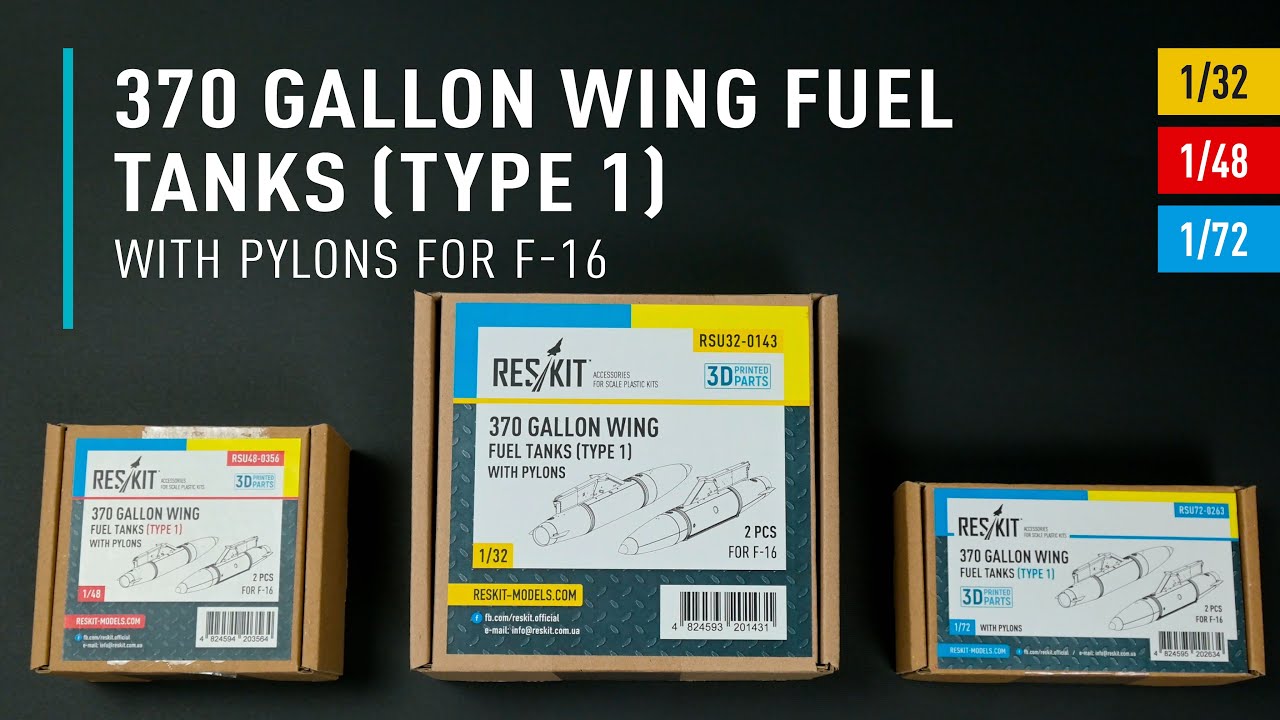370 Gallon wing fuel tanks with pylons (type 1) for F-16 (1/32, 1/48 ...