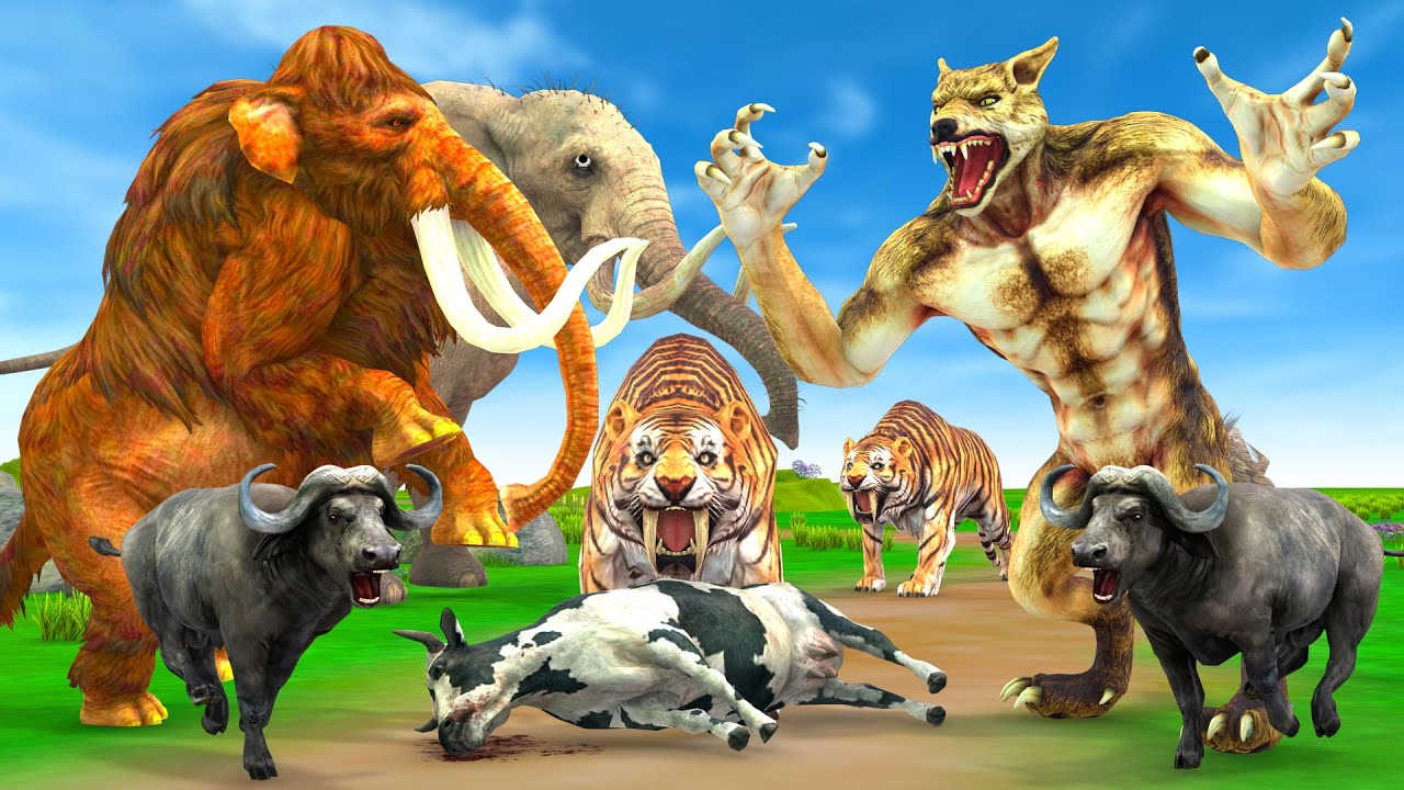 Giant Wolf vs Woolly Mammoth Elephant Save Cartoon Cows Buffalo from 2 ...