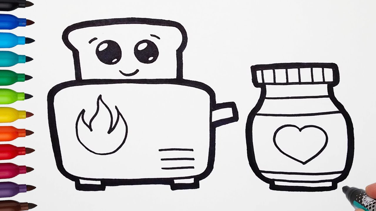 Cute Toast in the Toaster and a Jar of Peanut Butter - How to draw cute ...