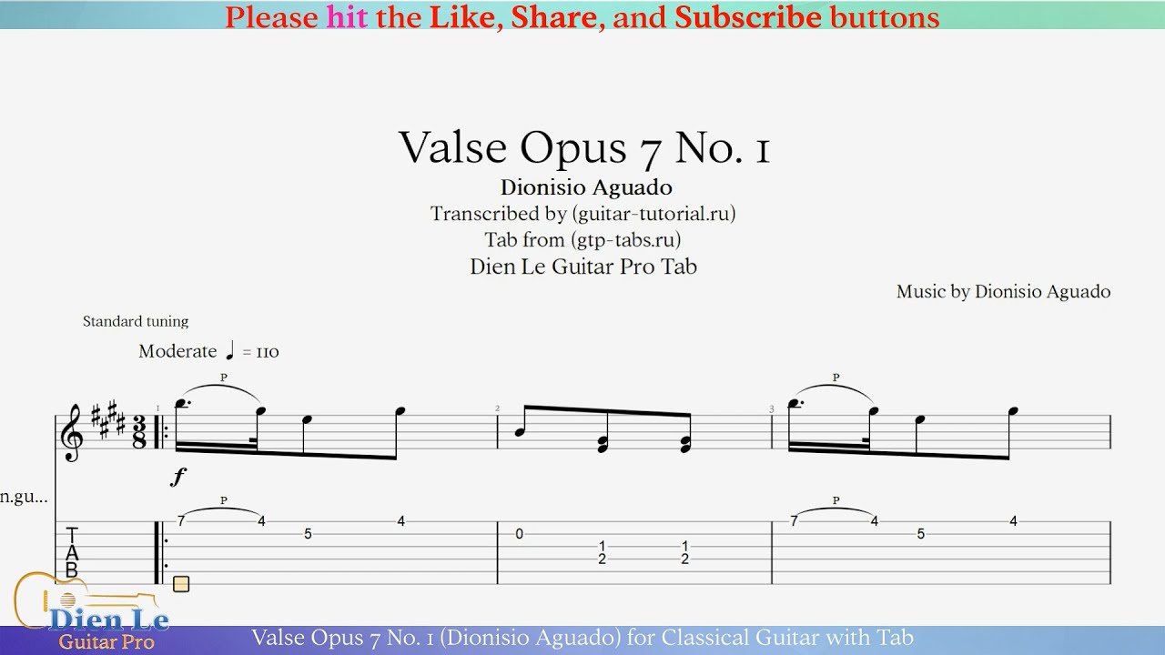 Valse Opus 7 No. 1 (Dionisio Aguado) for Classical Guitar with Tab ...