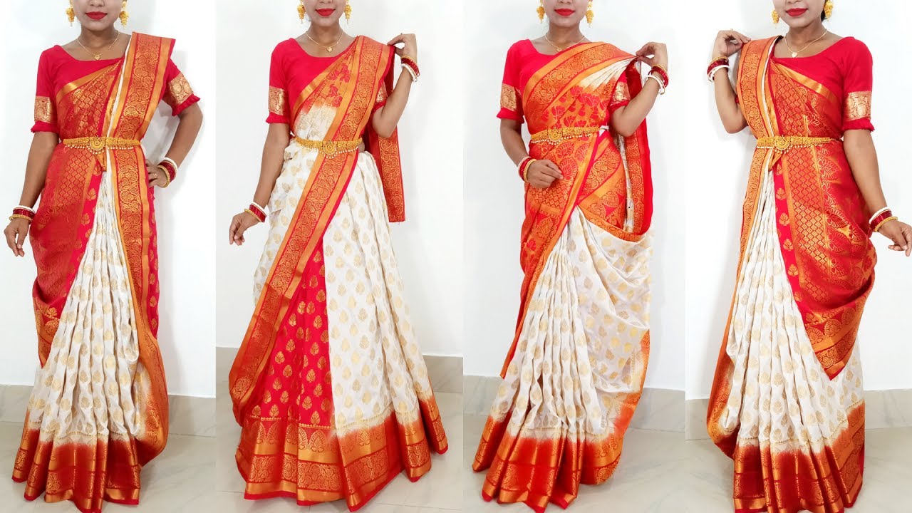durga puja lal par sada saree look | Silk Saree Draping in 3 elegant ...