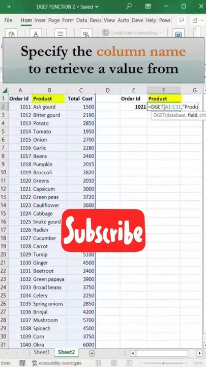 extract a column value using DGET function in Excel #excel #sql #javascript #shorts #shortvideo ...