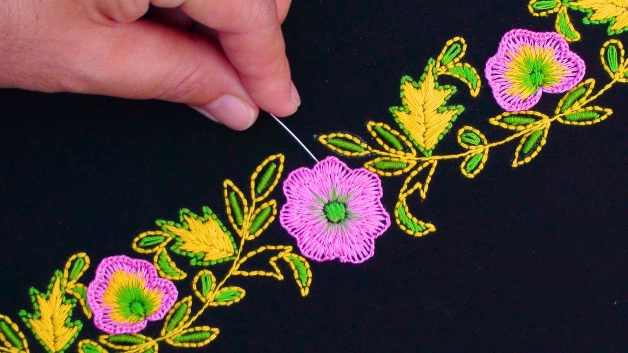 Black Fabric Embroidery: Simple Border Designs Tutorial - YouTube