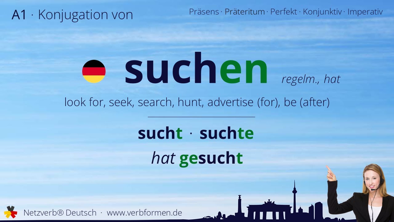 Konjugation Verb „suchen“ (regelm., hat) - alle Zeitformen, Lernvideo ...