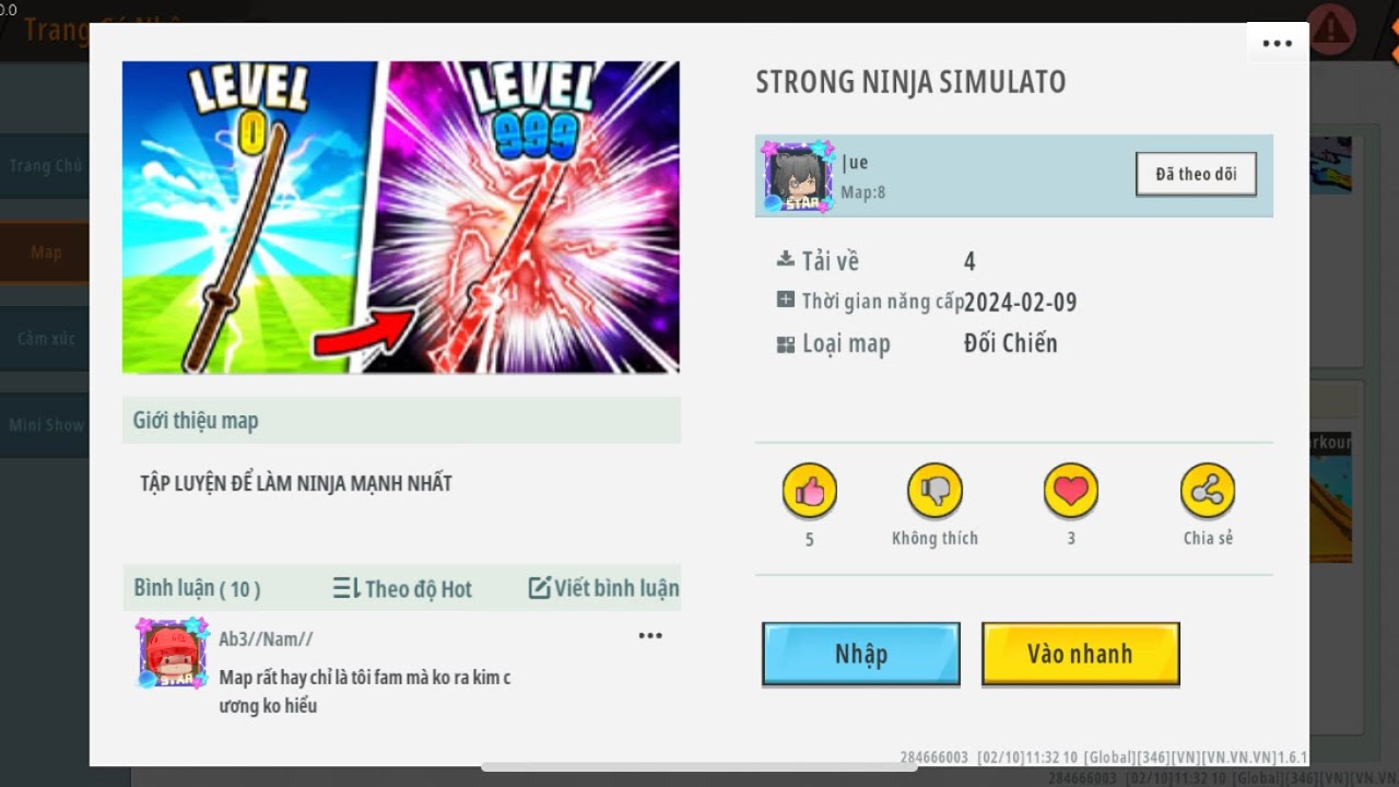 Chơi map: “STRONG NINJA SIMULATOR” ID map: 279015826 - YouTube