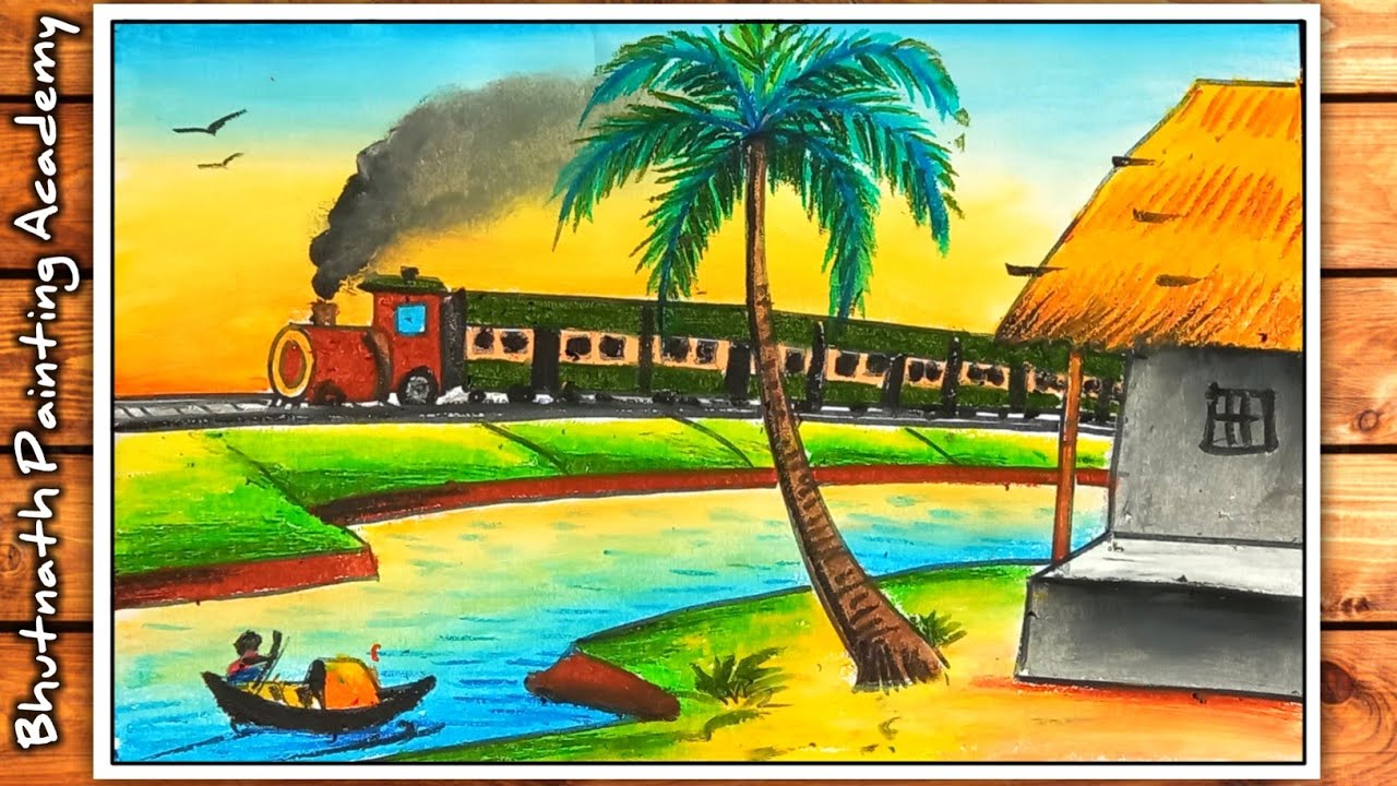 train scenery drawing||Indian Railway painting nature - YouTube