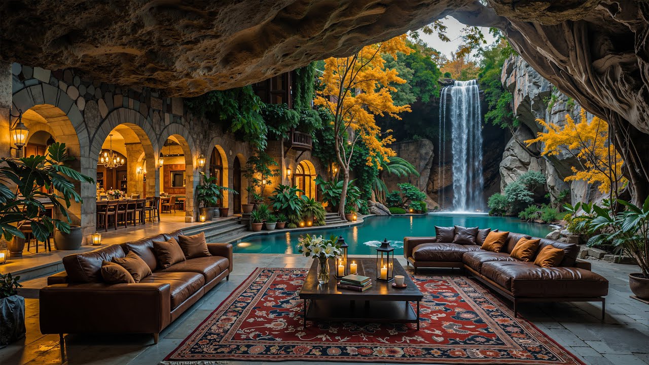 Autumn Jazz at Luxury Waterfall Lounge 🍂 Gentle Jazz & Nature Ambience ...