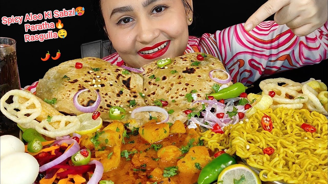 UNCUT MUKBANG‼️😉ll Eating Dhaba Style Aloo Ki Sabzi🌶Paratha🥵Rasgulla🔥ll ...