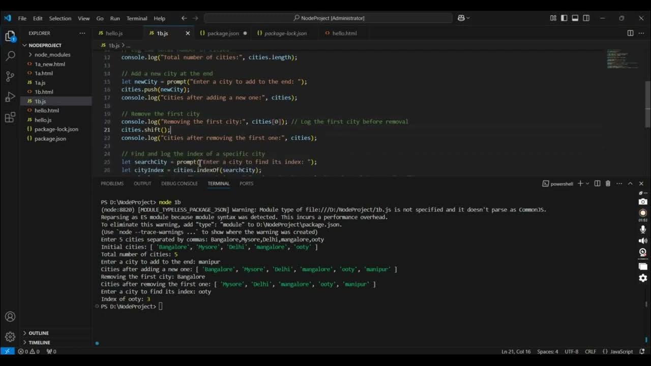 Program1b "array of 5 cities" Full stack development lab Dept. of ISE RIT Hassan - YouTube