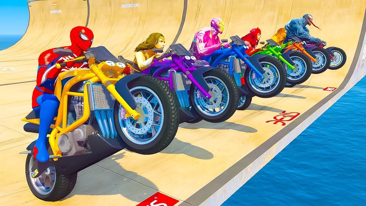 SPIDERMAN Car Race Challenge On Motobikes Dinka Akuma with Trevor and ...