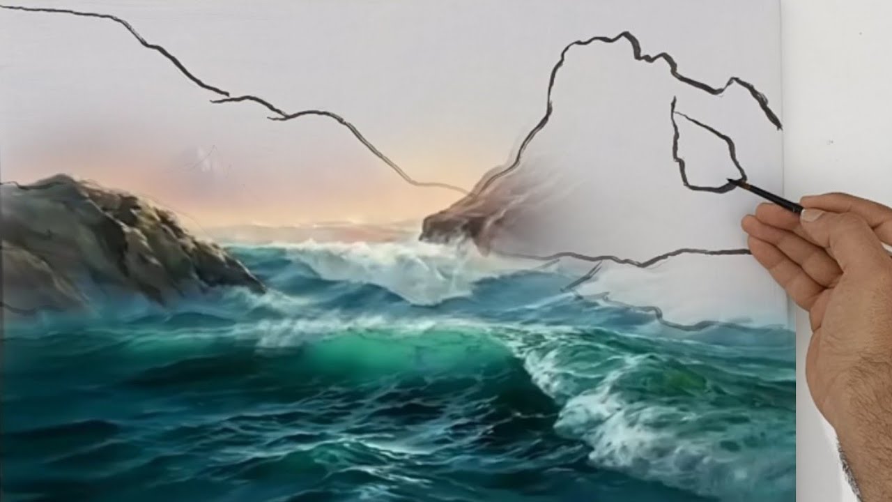 Easy sea waves👆And mountains and rocks /Landscape acrylic paint for ...