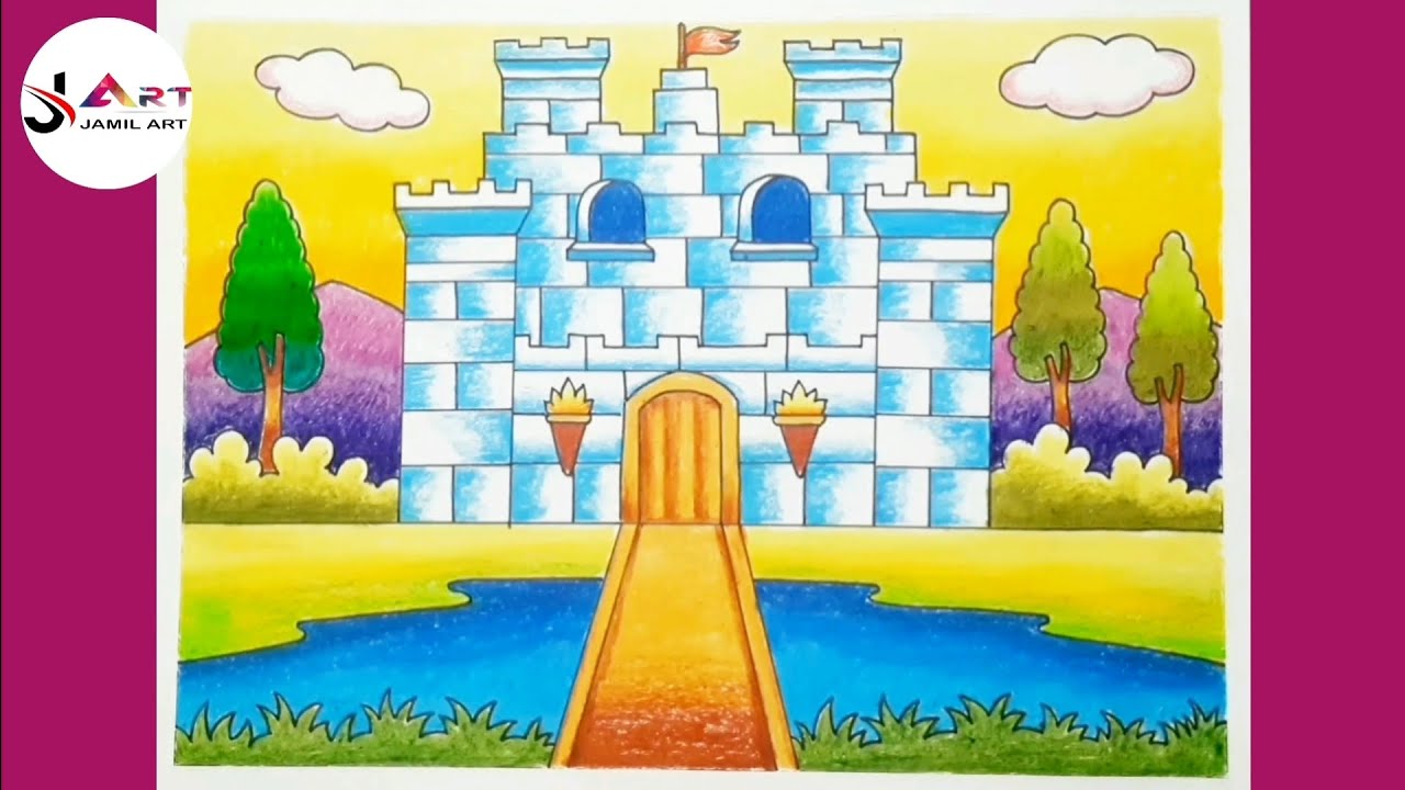 How to draw a Castle | Scenery Drawing with Oil Pastel | Castle Drawing ...