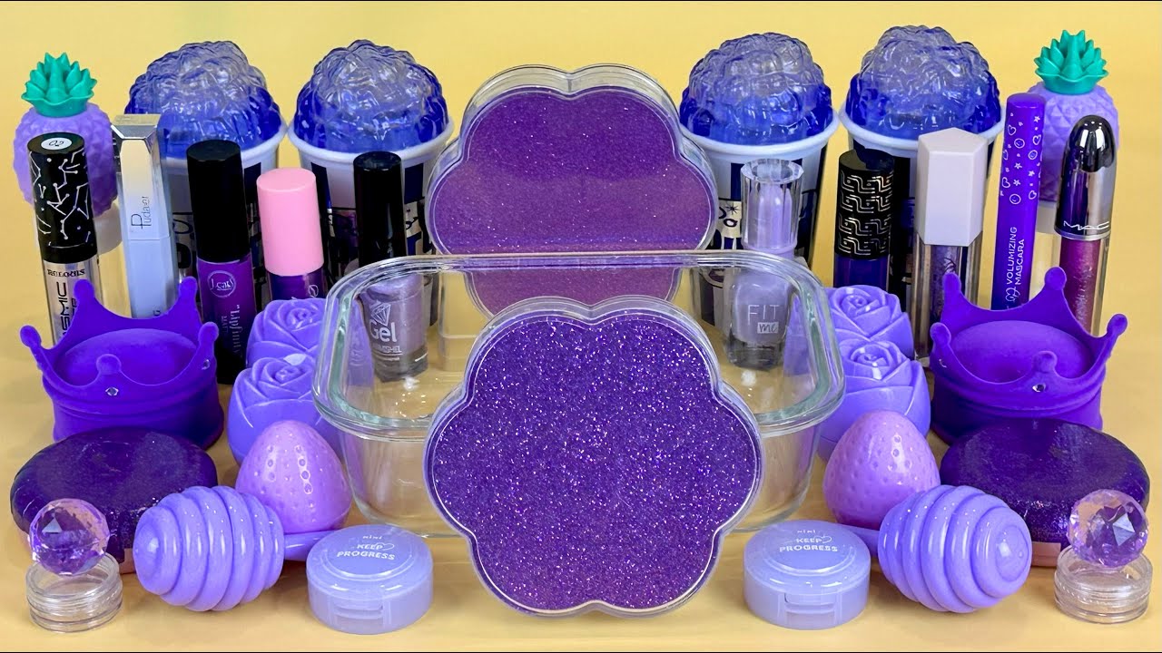 PURPLE SLIME. Mixing makeup and glitter into Clear Slime. Satisfying ...