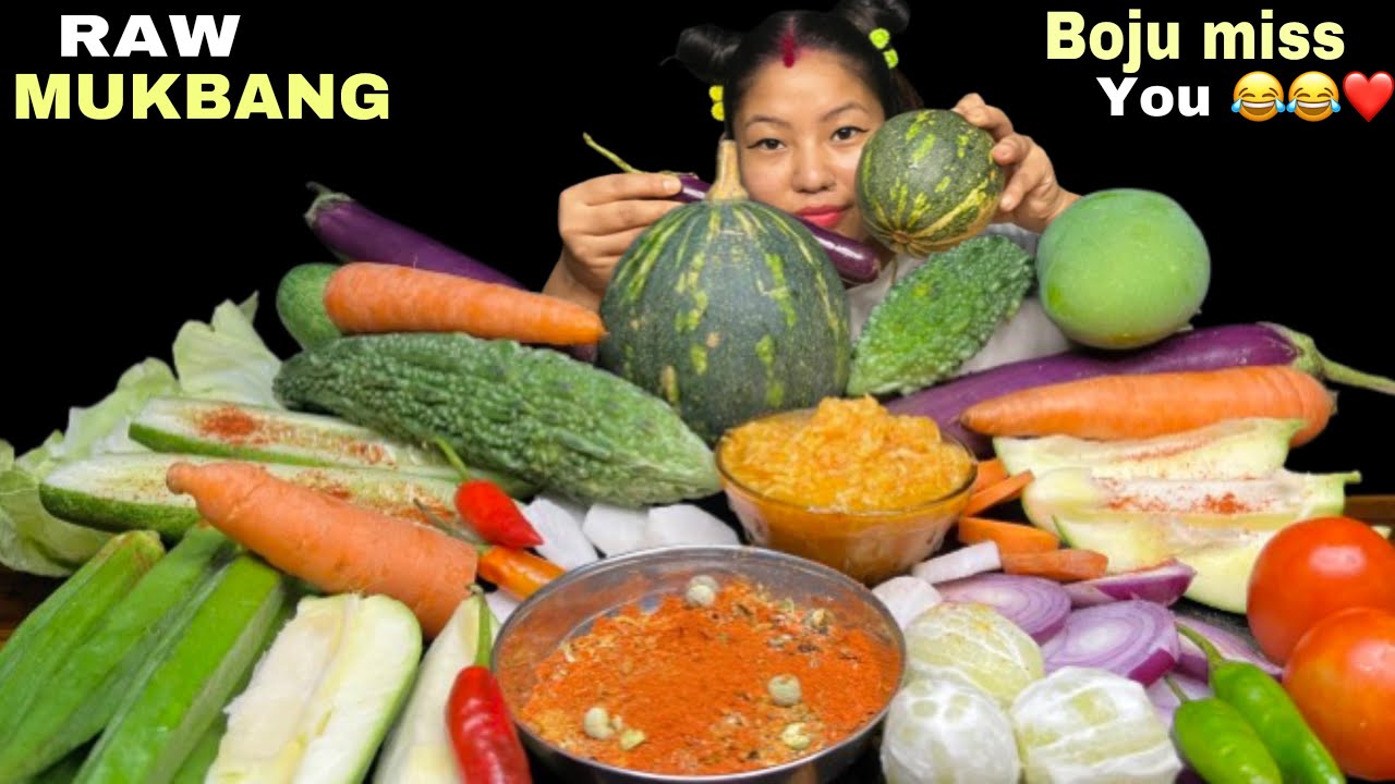 RAW VEGETABLE MUKBANG, EATING SOUR LEMON, BRINJAL, MANGO, @BEBO2002 ...