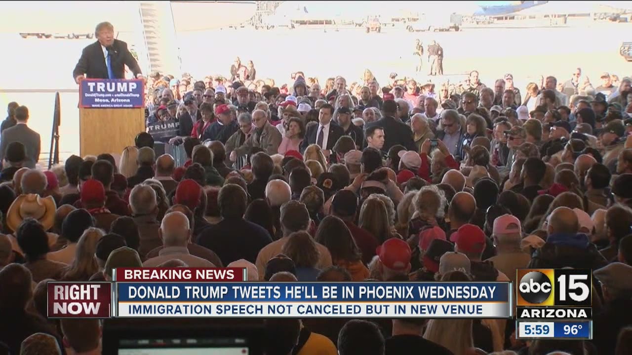 Donald Trump in Phoenix: the speech is back on, but where? - YouTube