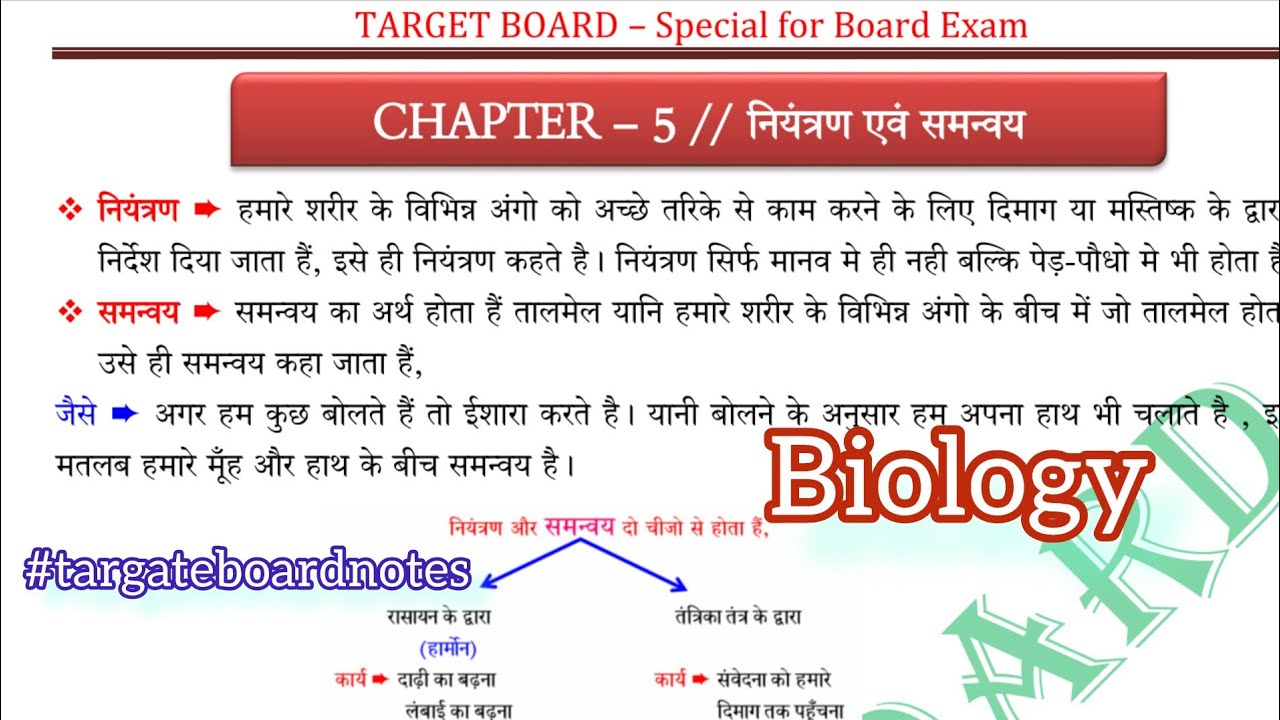 class 10 biology chapter 5 नियंत्रण एवं समन्वय notes bihar board class ...
