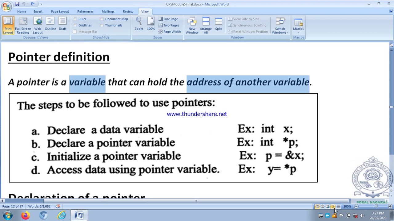 PoralNagaraj Module#5 Pointers#1 18CPS13/23 - YouTube