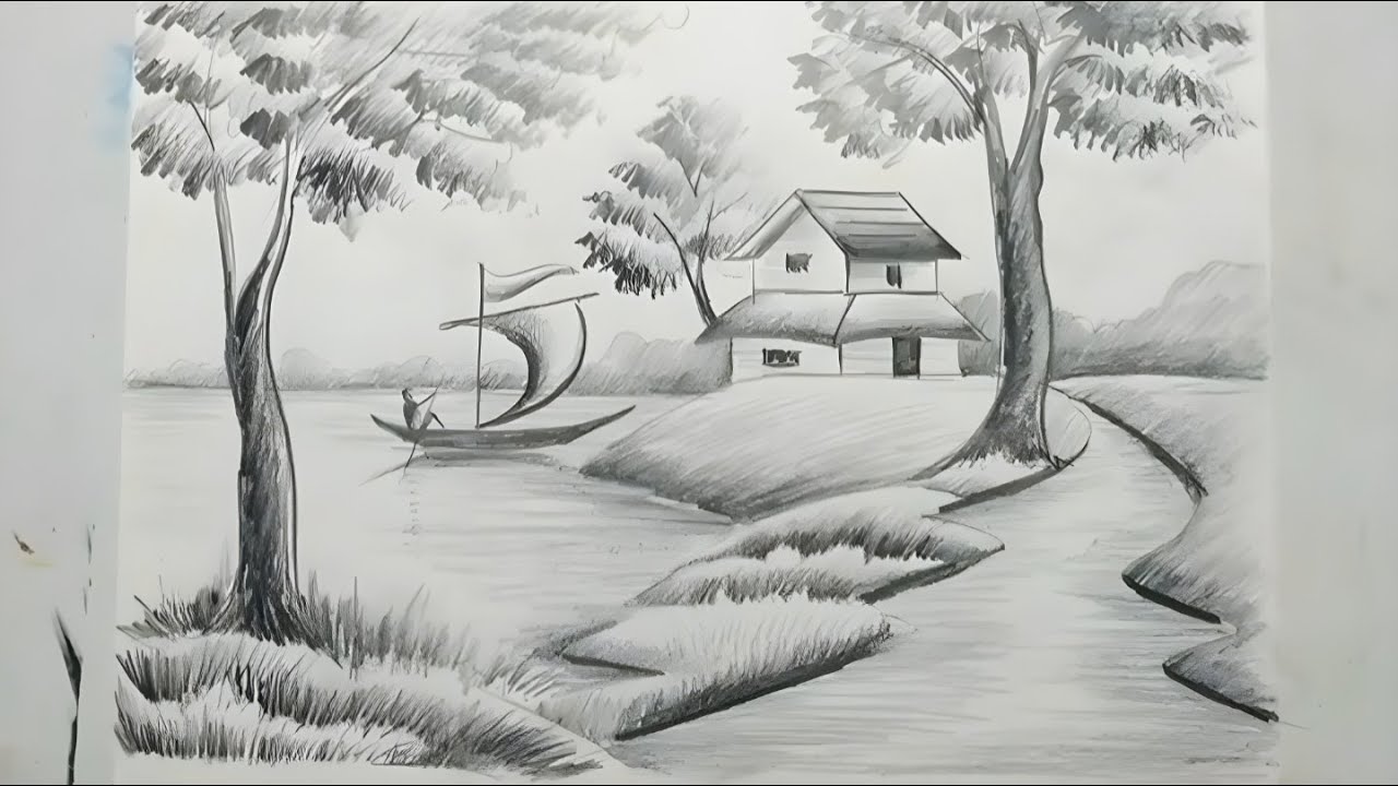 How to Draw Beautiful Seaside House with boad | Easy Scenery Drawing ...