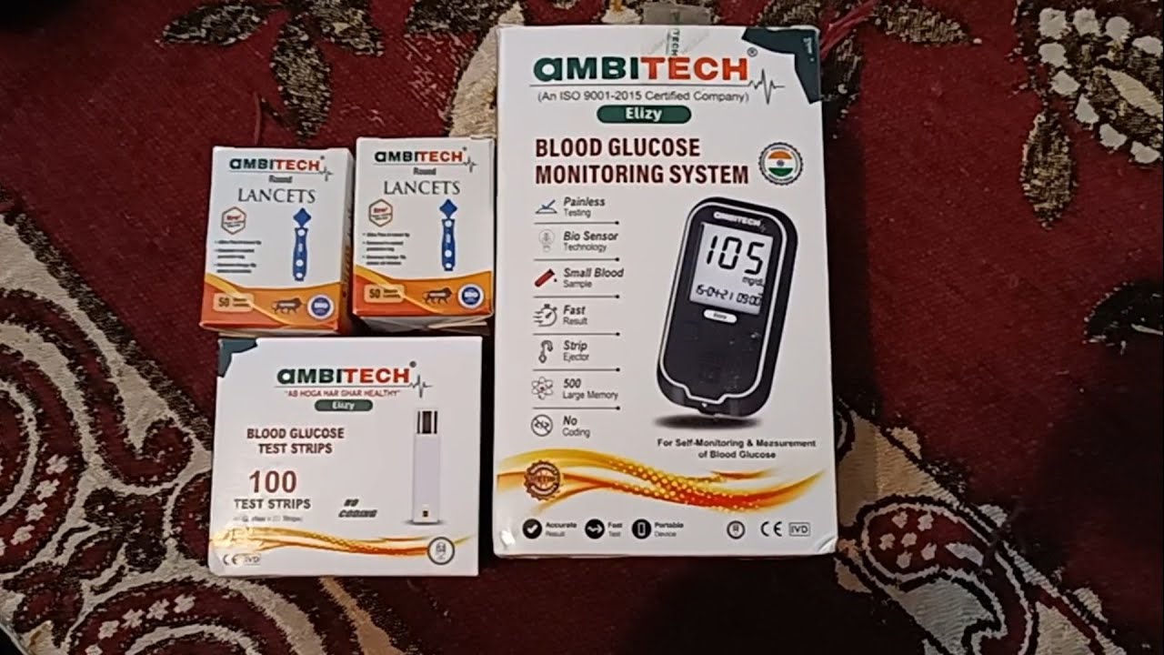 AmbiTech Elizy blood glucometer & 100 strips with 100 Round lancets ...
