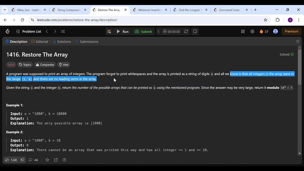 LeetCode 1416 | Restore The Array | Recursion | Top-Down | Bottom-Up | DP | DSA - YouTube
