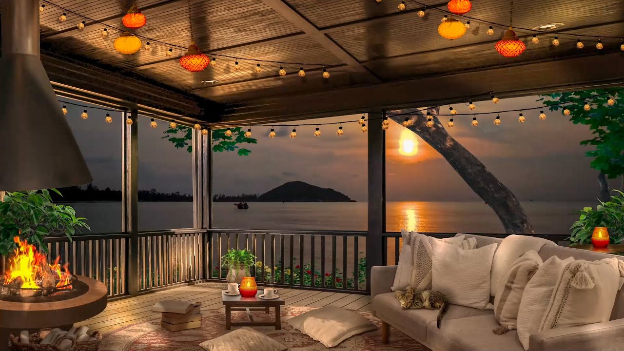 Cozy Coastal Sunset Porch with Fireplace & Ocean Sounds | Relaxing ...