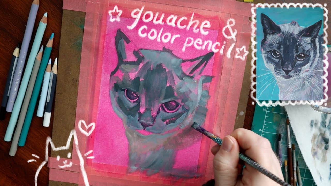 Painting a siamese cat | Gouache & color pencil - YouTube