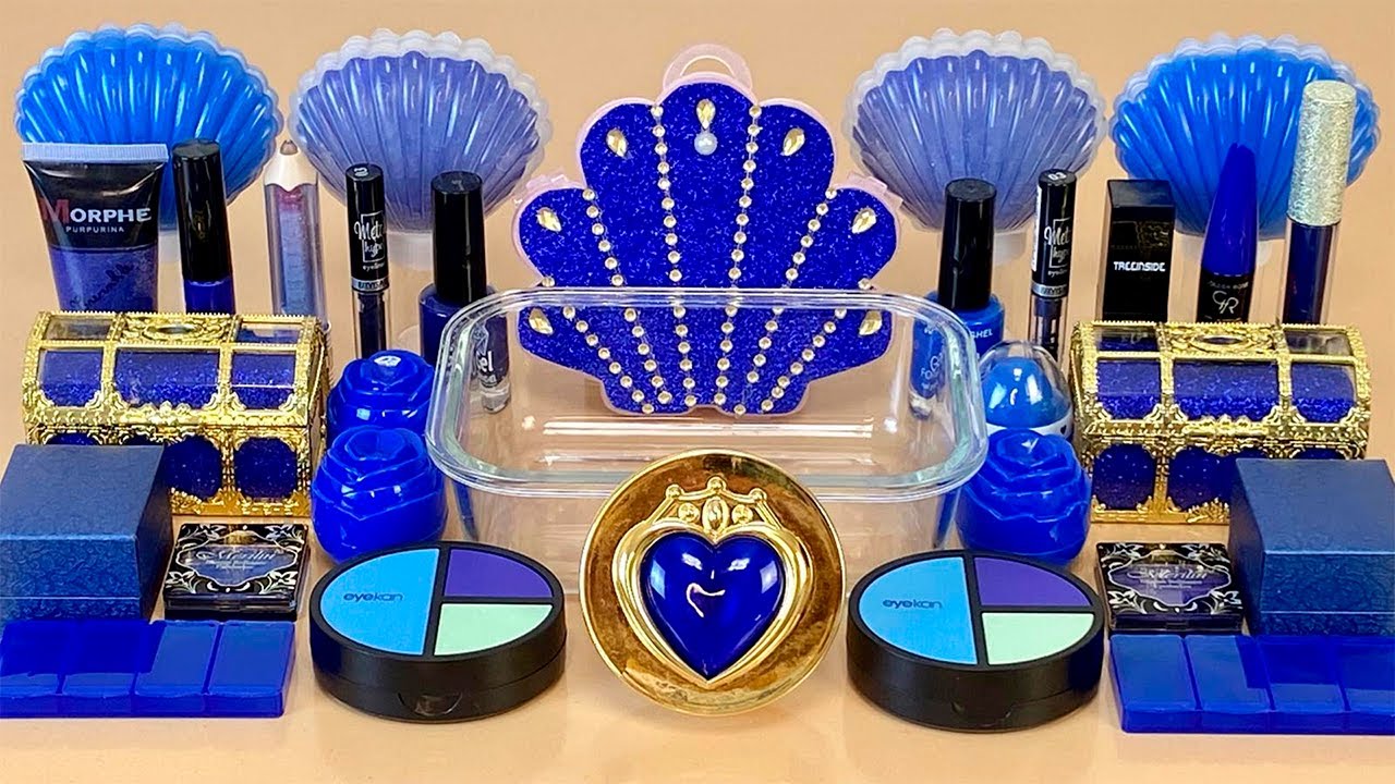ASMR Slime 💙💦💤 Mixing ”Navy BLUE” makeup, Eyeshadow, glitter into slime ...