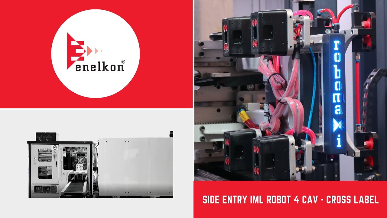 ENELKON | Side-Entry IML Robot 4 Cavity | Cross Shape Label Test - YouTube