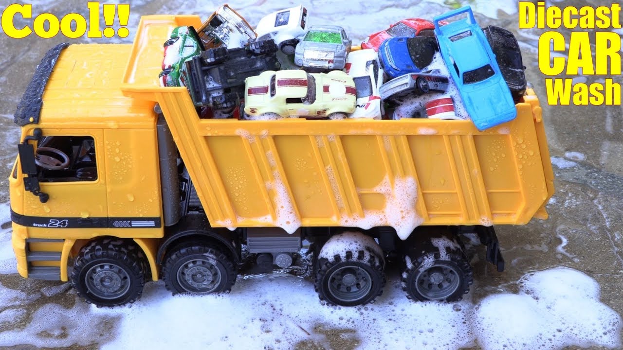 A Yellow Dump Truck Full of Dirty Toy Cars! Diecast Cars, CAR WASH ...