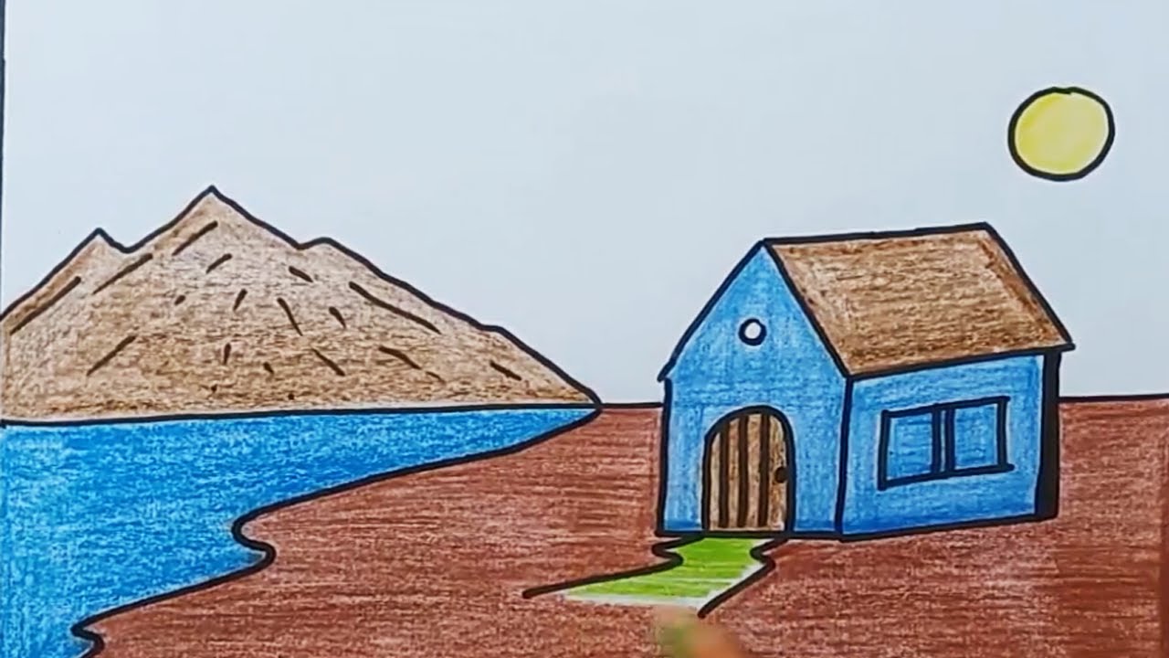 House and nature drawing | Easy landscape drawing for kids - YouTube