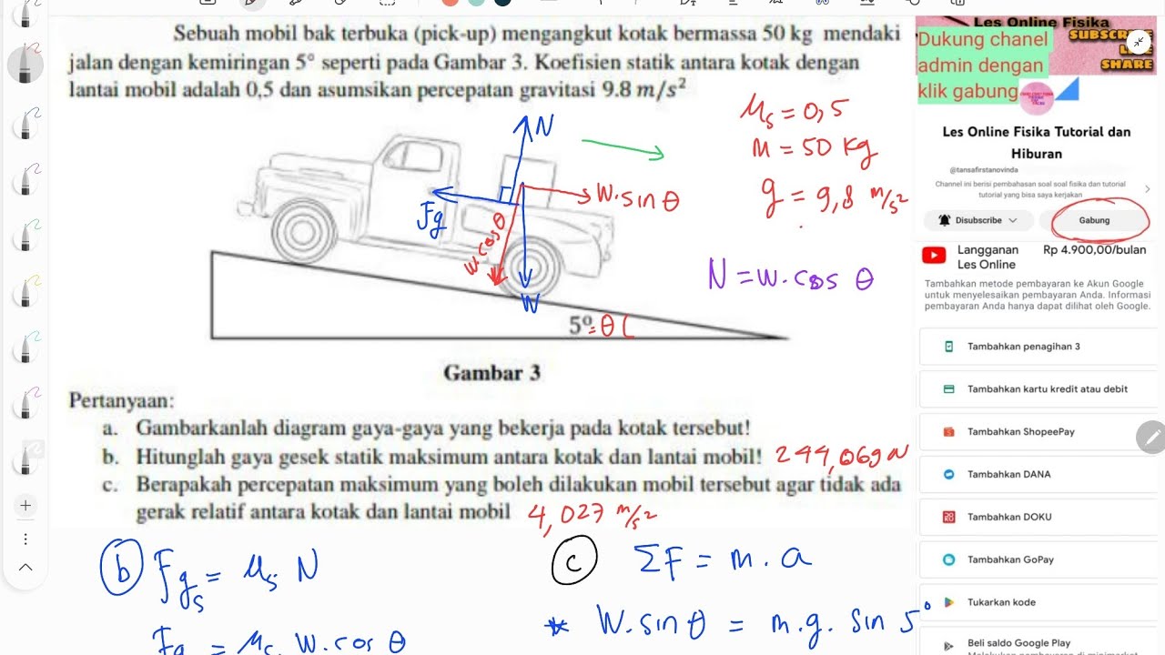 menghitung gaya dan nilai percepatan balok di bidang miring agar tidak ...
