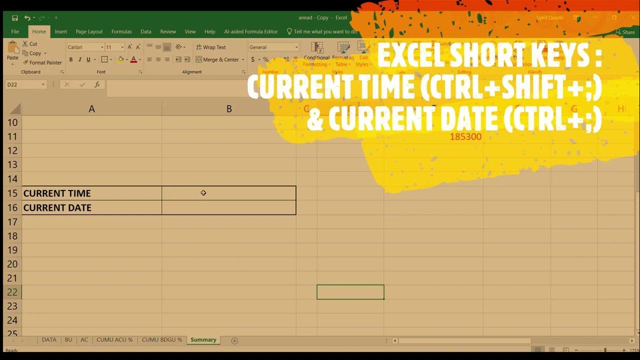 EXCEL SHORT KEY- CURRENT TIME & DATE - YouTube