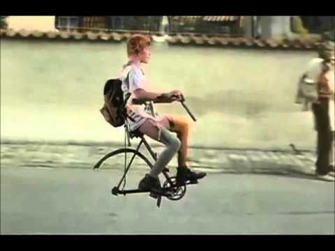 Pippi Longstocking rides a bike without wheels