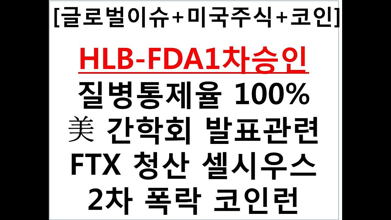 [글로벌이슈+미국주식+코인]HLB-FDA1차승인질병통제율 100%美 간학회 발표관련FTX 청산 셀시우스2차 폭락 코인런 ...