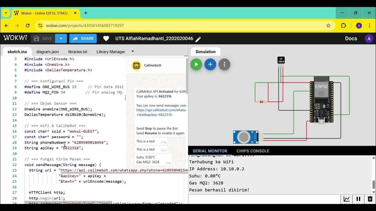 uji sensor suhu dan sensor gas menggunakan ESP32, MQ2, dan CALLMEBOT ...