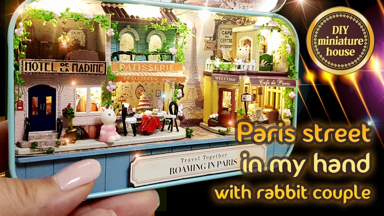 DIY Miniature house paris street in my hands with rabbit couple 미니어처 ...