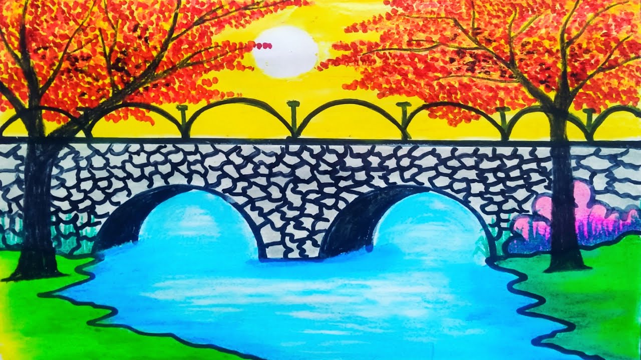 How To Draw Bridge Scenery Drawing| Easy Bridge Scenery Drawing Step by ...