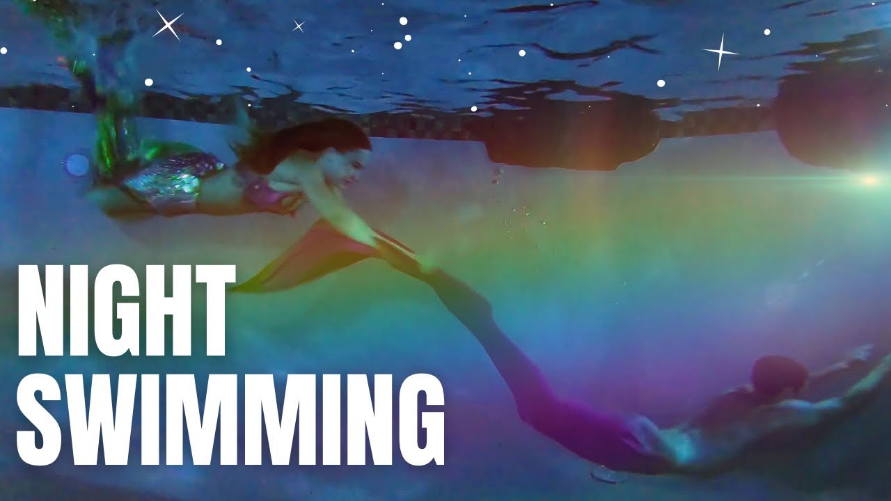 Mermaid & Merman go Night Swimming in a Rainbow Pool - YouTube