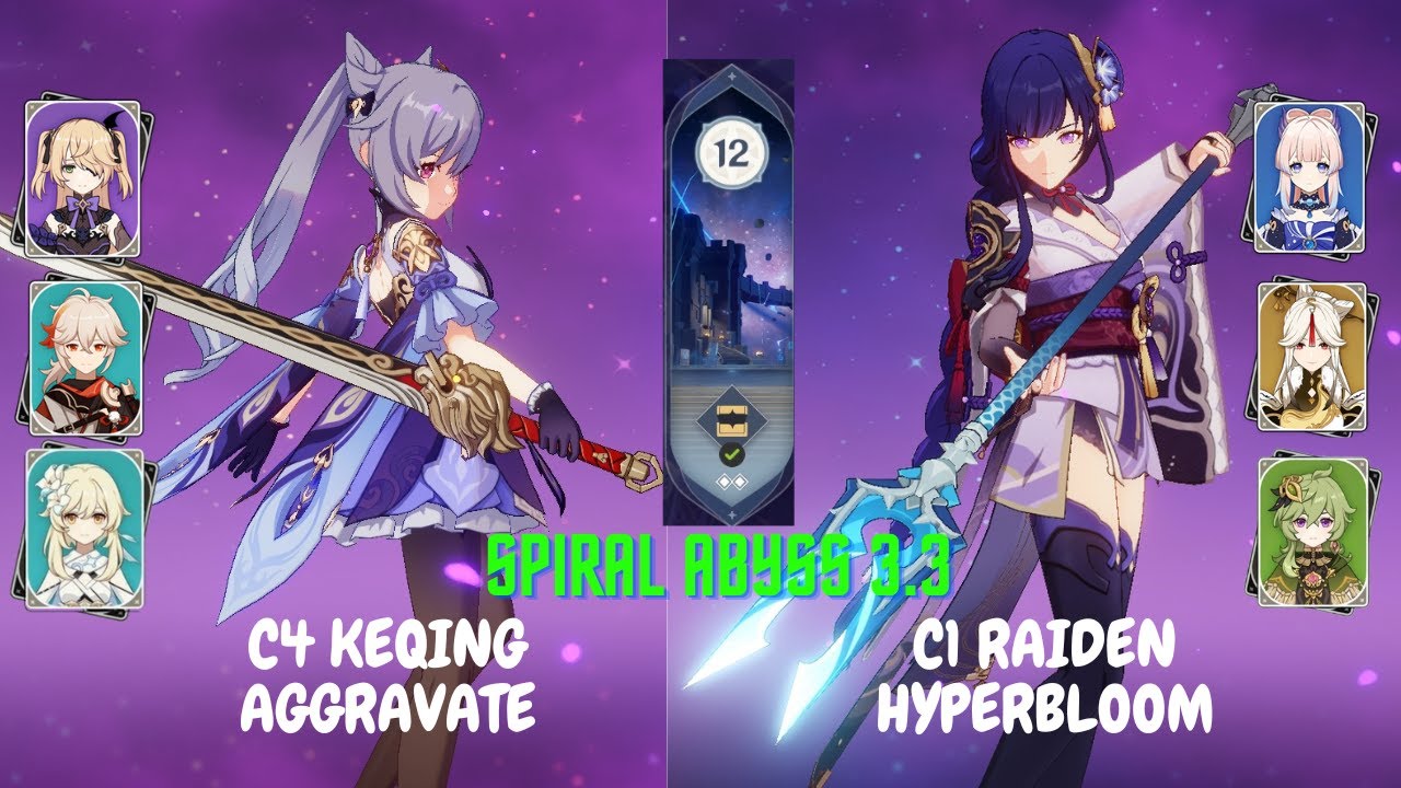SPIRAL ABYSS 3.3 With C4 Keqing Aggravate & C1 Raiden Hyperbloom Party ...