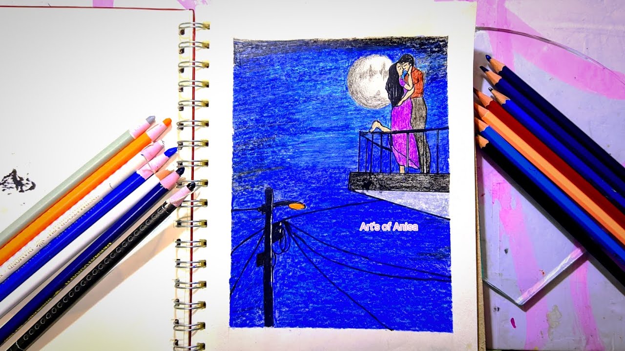 how to draw a scenery of moonlit night with romantic love। couple ...