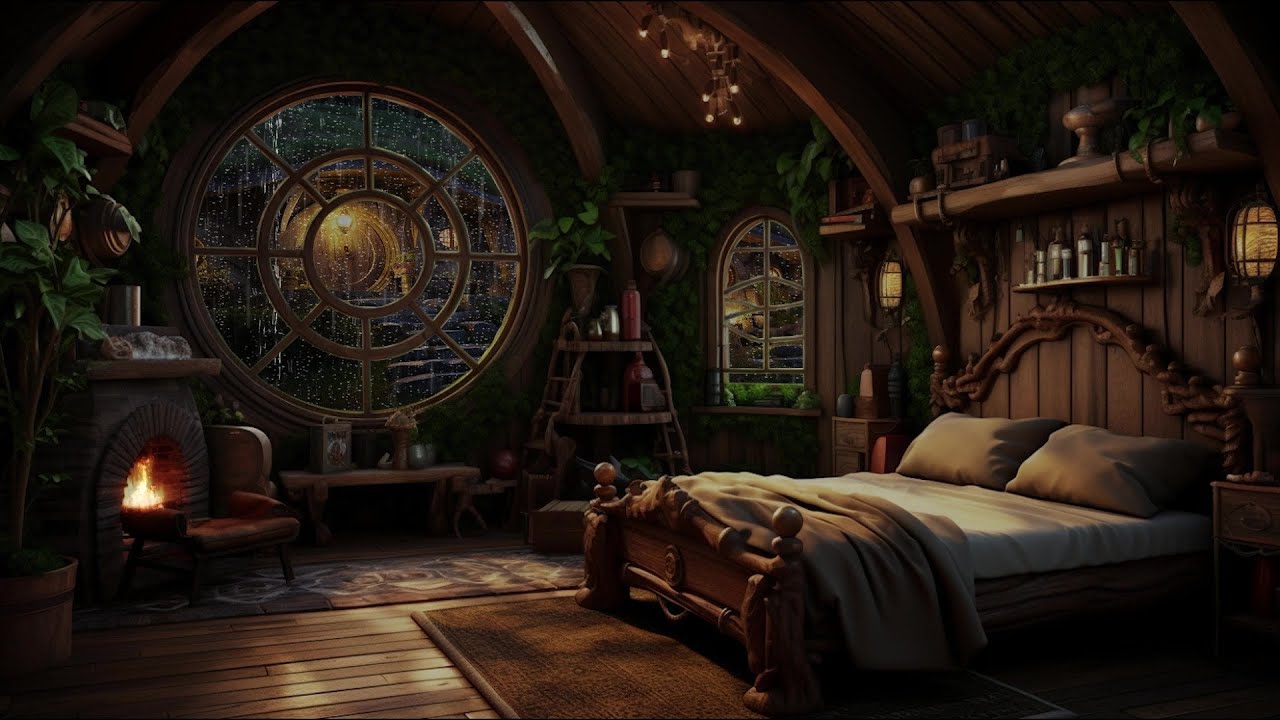 Cozy Hobbit Bedroom - Relaxing Fireplace with Soothing Rainfall Sounds ...