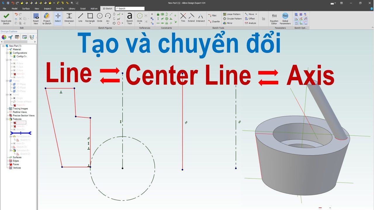 Khóa học Alibre Design #5 | Sketch | Tạo đường tâm Centerline, Convert ...