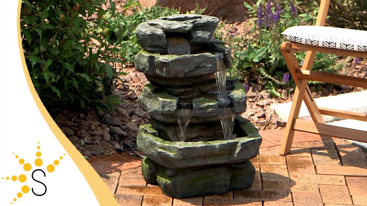 Sunnydaze Outdoor Electric Tiered Stone Waterfall with LED Lights, 23 ...