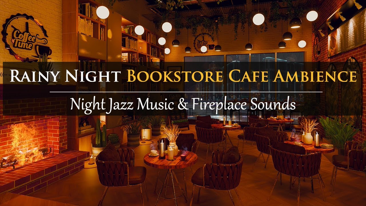 4K Rainy Night BOOKSTORE CAFE Ambience ☕ with RELAXING JAZZ Music ...