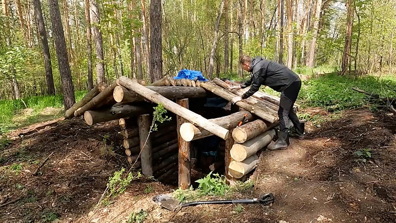 Building a Hidden Log Shelter Alone in the Forest - Bushcraft Survival ...