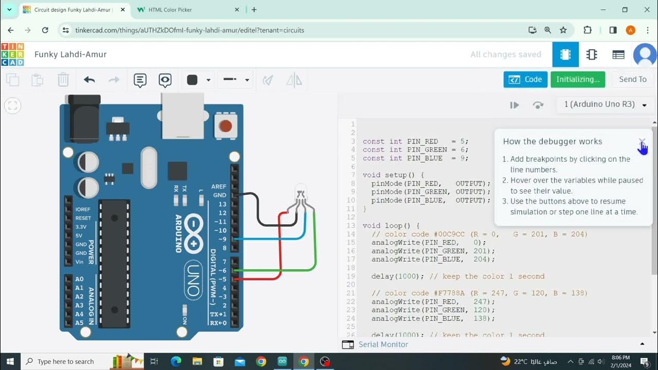 Multicolored Rgb Led Blinking With Arduino In Tinkercad Circuit Code Arduino Programming